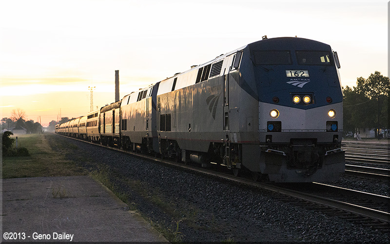 Arriving at Sandusky, OH is Amtrak Train #49 at 7:33am, right at sunrise is Amtrak Train #49 ...
