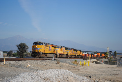 Here came our old friend, Union Pacific 7420 West. We could see the steam train stopped to our ...