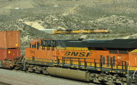 BNSF 7738 East and Union Pacific 5719 West just west of Silverwood.