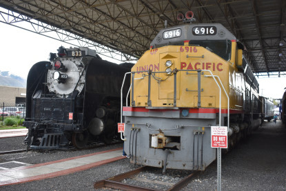 Union Pacific 4-8-4 833 and Union Pacific DDA40X 6916 built by EMD in 1969.