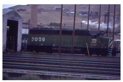 BN GP-40 3009, ex CB&Q was in for work at the shops at Livingston in August of 1980.