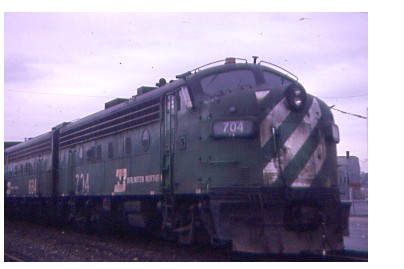 BN 704 F7A waited to be barged to the Seattle North Coast Railroad in December of 1980.