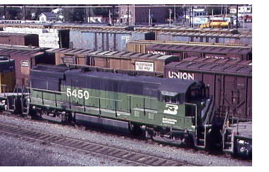 BN U-30-B 5450 was in pool service on the Union Pacific at Pocatello in April of 1980.