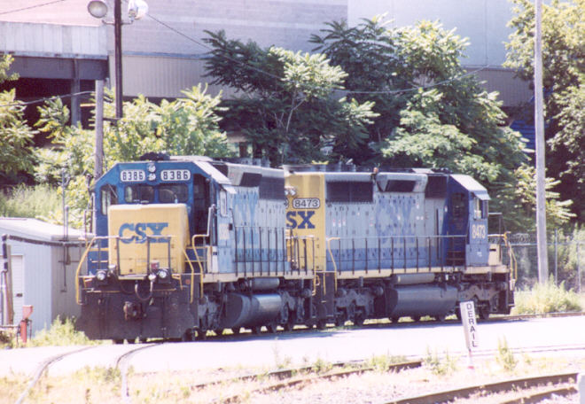 CSX SD40-2s 8386, ex-C&O 7527 and 8473, ex-UP3113 at North Bergen Yard.