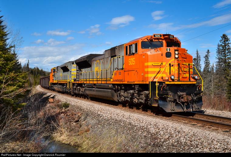 505 southound with loads on Wacouna Subdivision approaching Sept-Iles. May 16, 2020