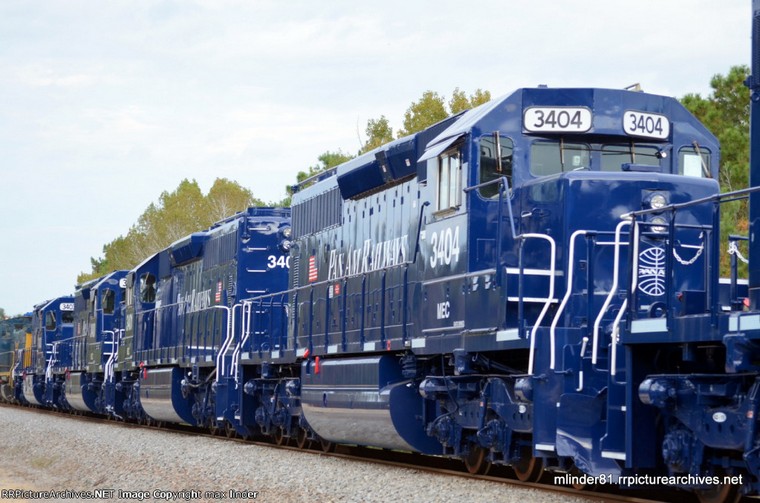MEC 3400 along with four others fresh out of shop enroute on CSX to Pan Am Railways (lettered MEC).