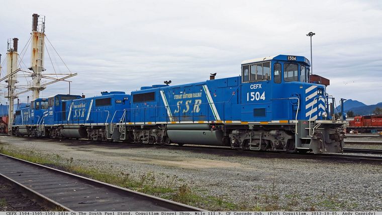 CEFX 1504_1505_1503 returning from SSR. CP Coquitlam diesel shop. 10/05/2013 Andy Cassidy