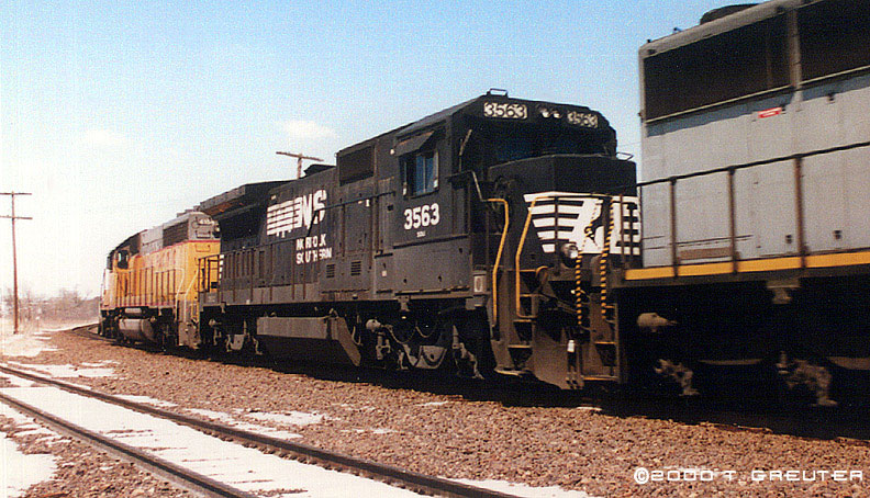 NS 3563 - a B32-8, shares the burden with UP in Union, Nebraska. 4/13/97 - T. Greuter photo
