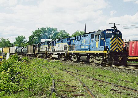 Delaware & Hudson C424m #451 and C420 #412, 410 lead a eastbound freight at Greenfield, MA ...