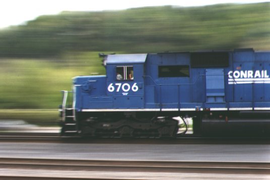 Conrail 6706 racing through Little Falls, NY- 5/8/99. (1/30th shutter speed)